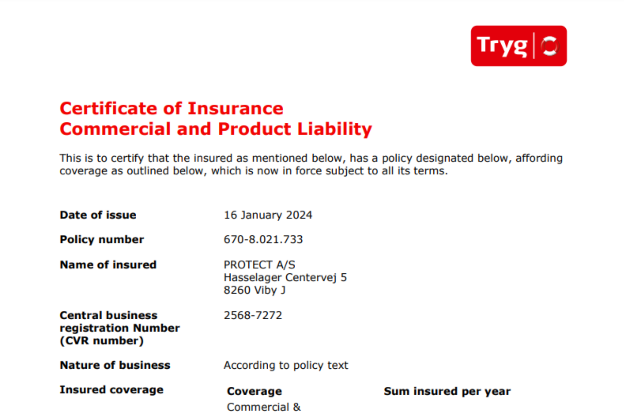 Insurance certificate - PROTECT Download Center