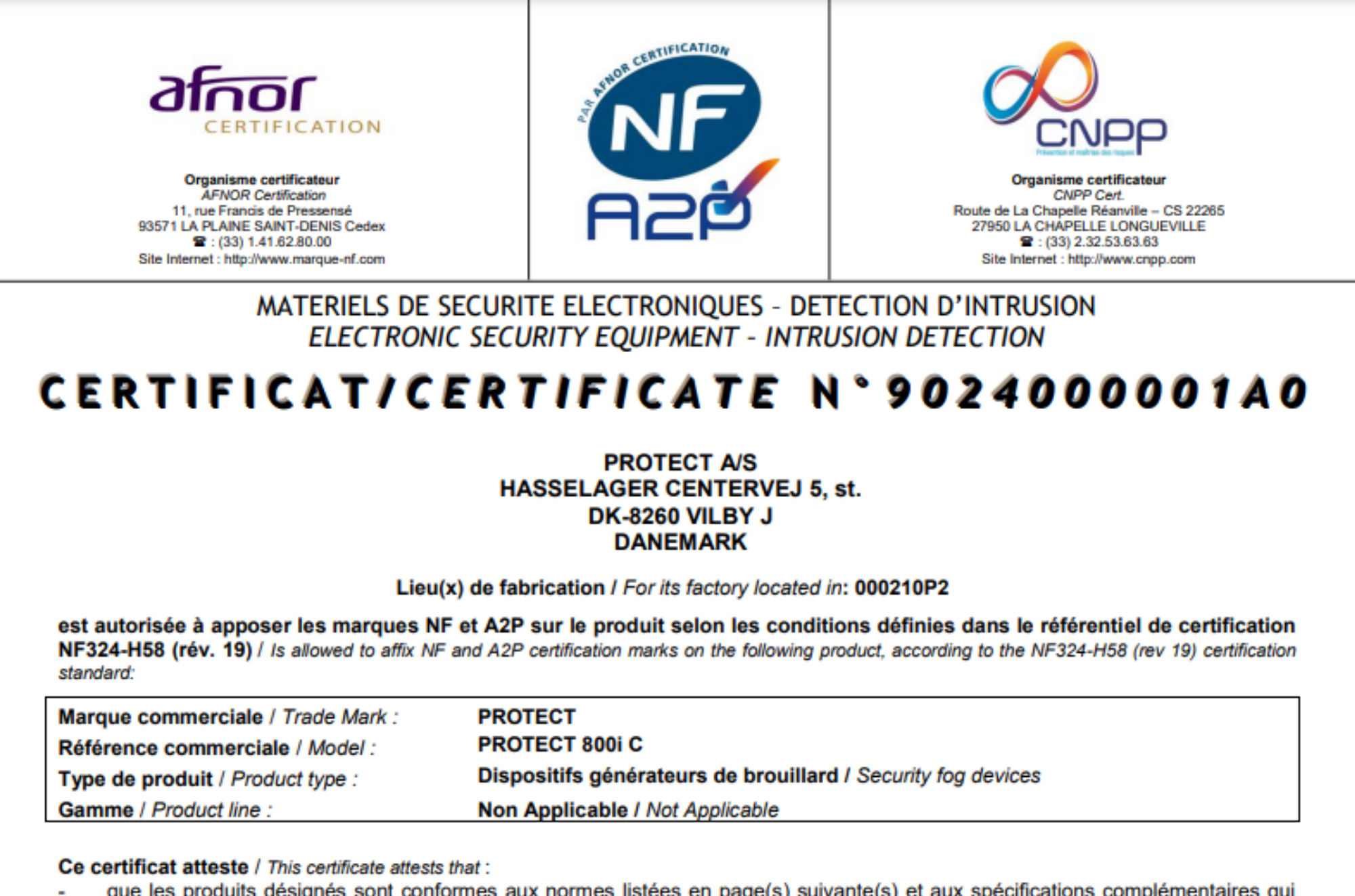 NF A2P Certificate, 800i C - PROTECT Download Center